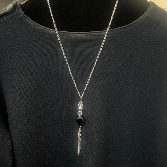 Jewelry | Silvertone Black Bead Pendant Necklace With Tassel | Poshmark